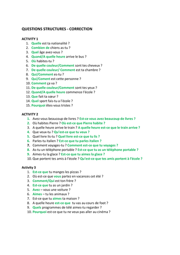 Questions in French | Teaching Resources