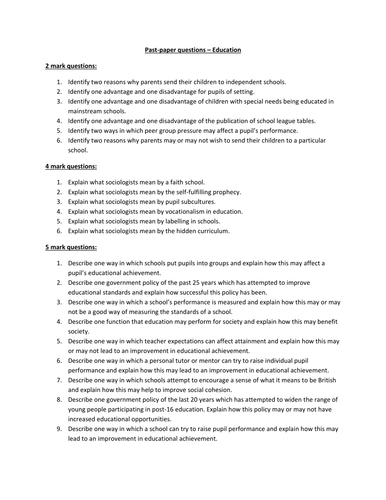 AQA GCSE Sociology Education questions | Teaching Resources AQA GCSE Sociology Education questions | Teaching Resources
