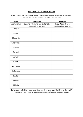 'Macbeth' vocabulary booster | Teaching Resources
