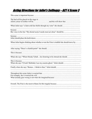 Use the writing frame to write acting directions for Juliet's soliloquy ...