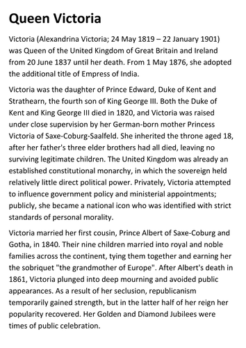 Queen Victoria Handout | Teaching Resources