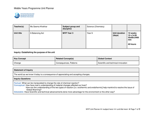 MYP year 9 Unit Plan Grade 9 Chemistry | Teaching Resources
