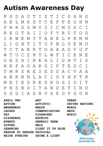 Autism Awareness Day Word Search by sfy773 | Teaching Resources
