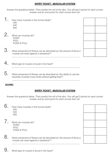 Entry Ticket - GCSE muscular system Dice Roll | Teaching Resources