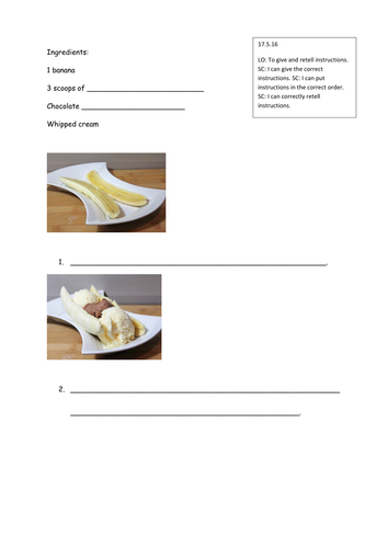 Literacy Instructions for making a banana split | Teaching Resources