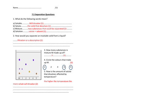 y7 Separation summary questions | Teaching Resources