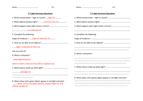 y7 Light Summary questions | Teaching Resources