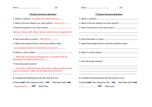 y7 Space summary questions | Teaching Resources