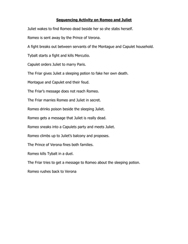 Romeo and Juliet sequencing activity on the plot | Teaching Resources