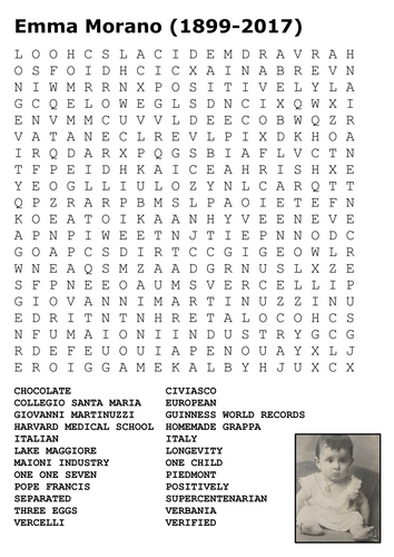 Emma Morano Last person from the 19th century Word Search | Teaching ...