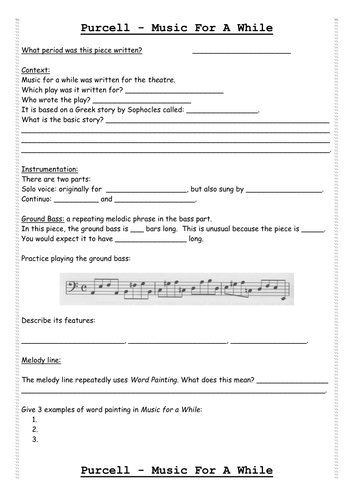 GCSE Edexcel 9-1 Music for a While Work Booklet | Teaching Resources