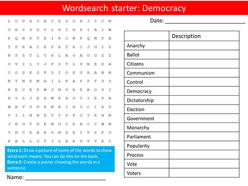 British Values Democracy PHSE Keywords Starter Activities Wordsearch ...
