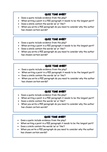Mini quiz time sheet to use as a starter LA KS3 | Teaching Resources