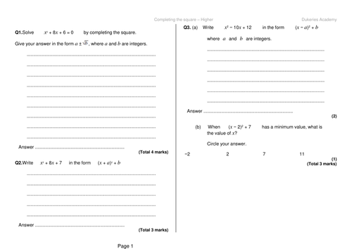 Completing the square exam questions - higher | Teaching Resources Completing the square exam questions - higher | Teaching Resources