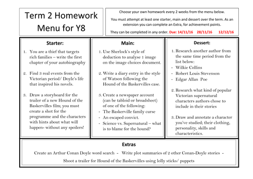 Sherlock Holmes Arthur Conan Doyle Homework Menu KS3 | Teaching Resources