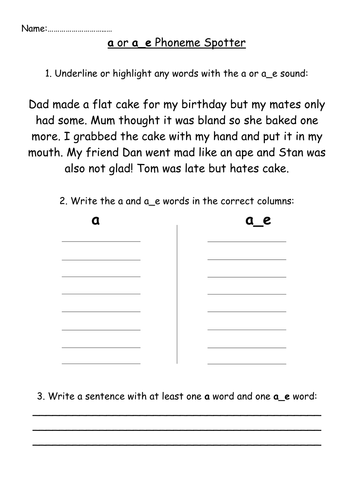 a or a_e Split Digraph Phoneme Spotter | Teaching Resources