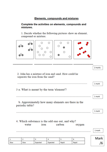 Elements, compounds and mixtures mini assessment | Teaching Resources