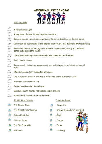 American Line Dancing Reference Sheet for GCSE Music | Teaching Resources