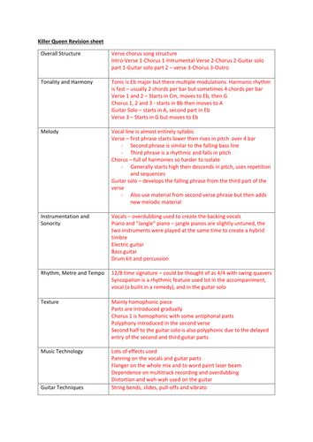 Killer Queen Revision Sheet and Key Words | Teaching Resources