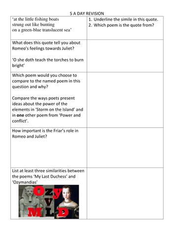 8 Five-A-Day Revision Activities for AQA English / English Literature ...