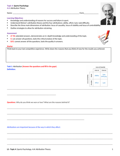 A-Level PE EDEXCEL (spec 2016) 4.4: Attribution Theory | Teaching Resources