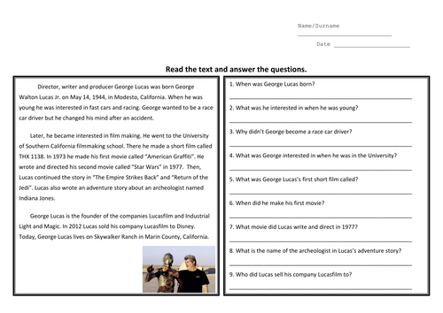 Reading Comprehension-George Lucas | Teaching Resources