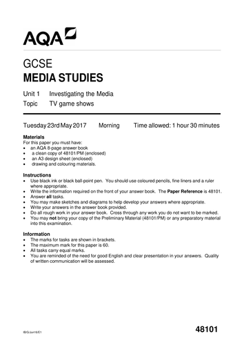 GCSE (AQA) Media Mock TV Game shows | Teaching Resources