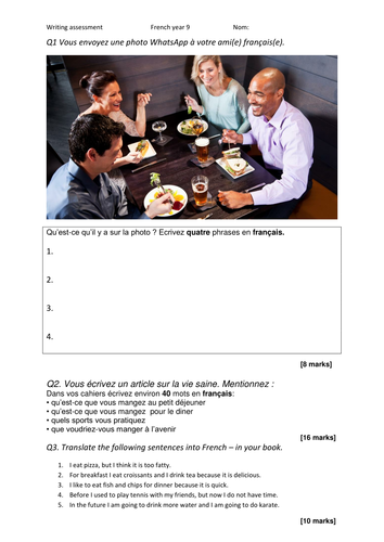 Writing Assessment Healthy eating French | Teaching Resources