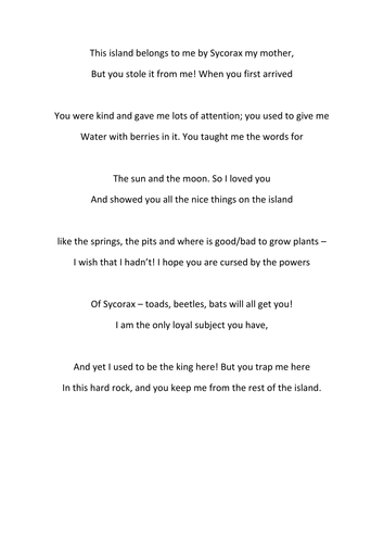 Copies of Caliban's Speech | Teaching Resources