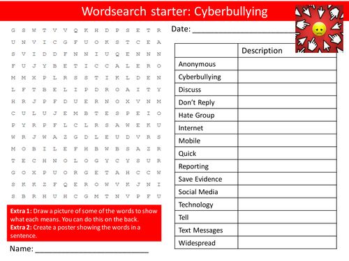Bullying Cyberbullying PHSE Keyword Starters Wordsearch Crossword ...