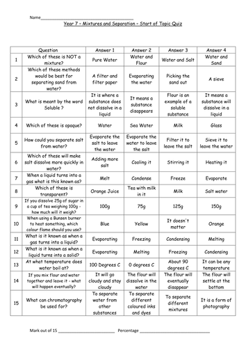 Start/End of topic test for Mixtures and Separation - KS3 | Teaching ...