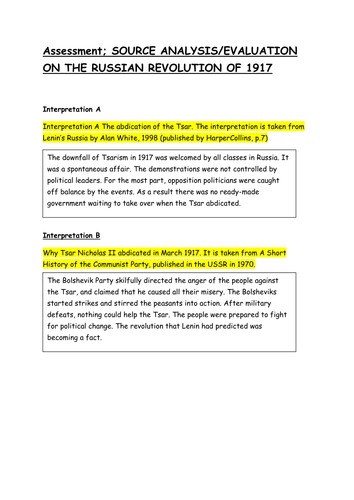 AQA Russian Revolution source assessment | Teaching Resources