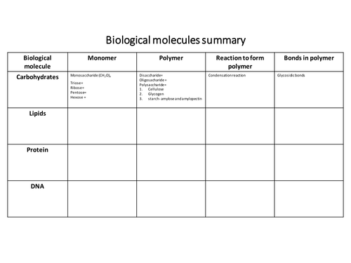 Alevel biology Biological molecules revision materials | Teaching Resources