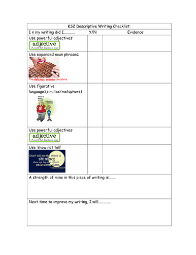 Checklist assessment sheet /success criteria for Descriptive writing ...