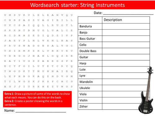 Music String Instruments Wordsearch Crossword Anagrams Music Keyword ...