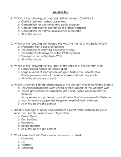 Vietnam War Multiple choice test | Teaching Resources