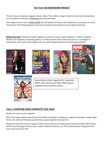 English homework task - lasts a full half term, create a magazine of ...
