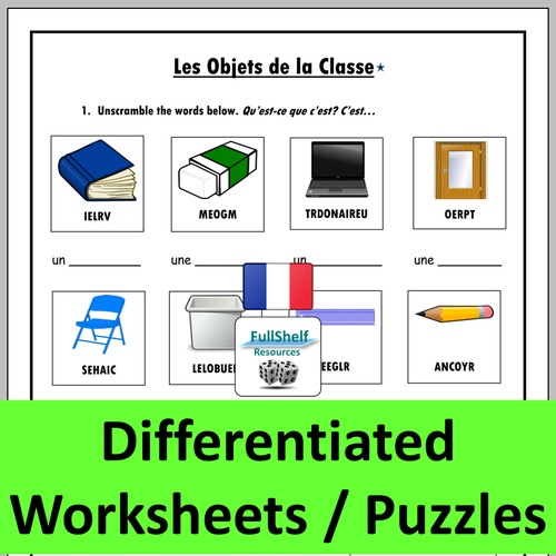 French Classroom Objects Worksheets / Puzzles (Les Objets de la Classe ...