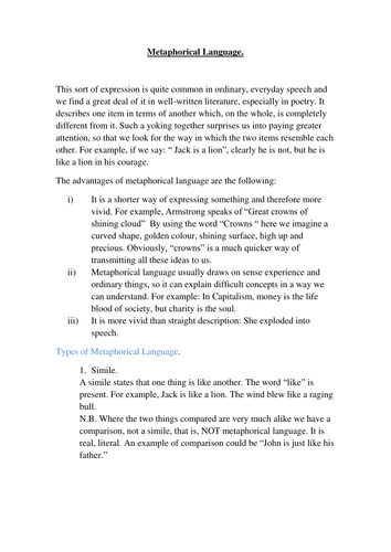 A quick recap of metaphorical language | Teaching Resources