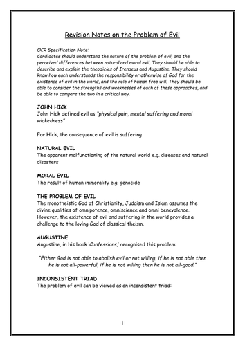 Problem of Evil Revision Notes | Teaching Resources