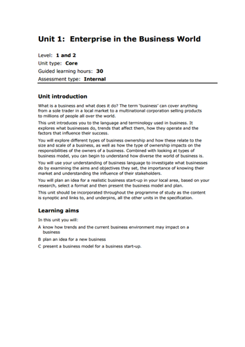 BTEC Business Studies Unit 1 student booklet - Enterprise in the ...