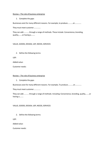 Edexcel Business Studies - Role of Business enterprise | Teaching Resources