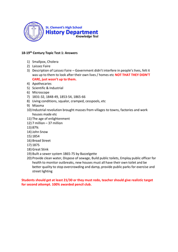 Edexcel 9-1 Medicine Through Time - TOPIC TEST 18th / 19th Century ...