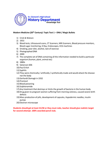 Edexcel 9-1 Medicine Through Time TOPIC TEST DNA & Magic Bullets ...
