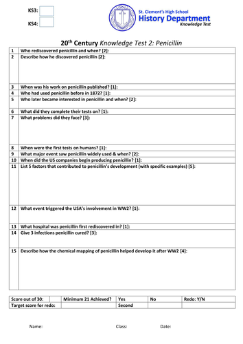 Edexcel 9-1 Medicine Through Time TOPIC TEST Penicillin & answers ...