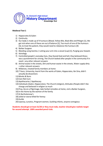 Edexcel 9-1 Medicine Through Time TOPIC TEST Medieval & Answers ...