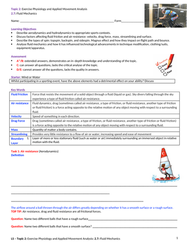 A-Level PE EDEXCEL (spec 2016) 2.7. Fluid Mechanics | Teaching Resources