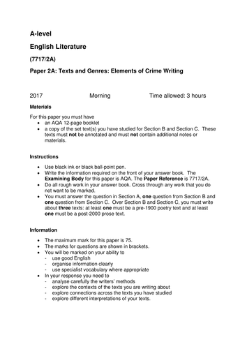 AQA A-Level Literature B - Paper 2 Section A Crime Extracts, with ...