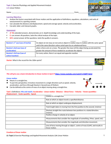 A-Level PE EDEXCEL (spec 2016) 2.4 Linear Motion | Teaching Resources