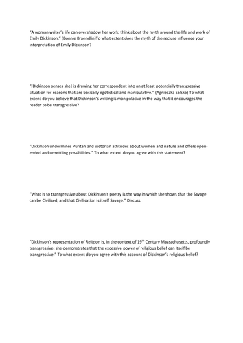 Emily Dickinson questions | Teaching Resources